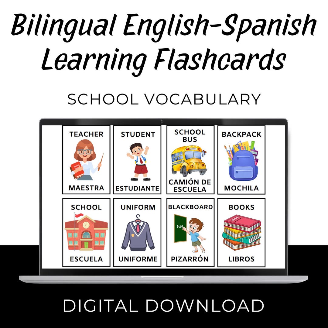 Bilingual English and Spanish Vocabulary Flashcards School Vocabulary ...
