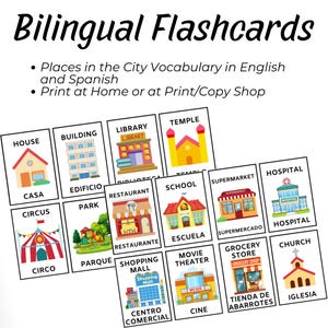 Bilingual English and Spanish Vocabulary Flashcards, Places in the City ...
