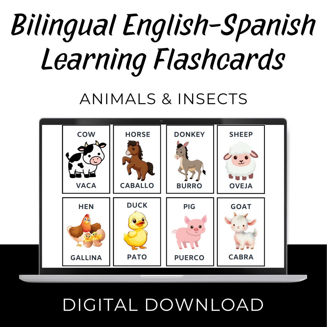 Bilingual English and Spanish Vocabulary Flashcards Animals & Insects ...