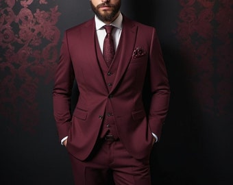 Burgundy Three Piece Slim Fit Suit for Men, Groom and Groomsmen Suit ...