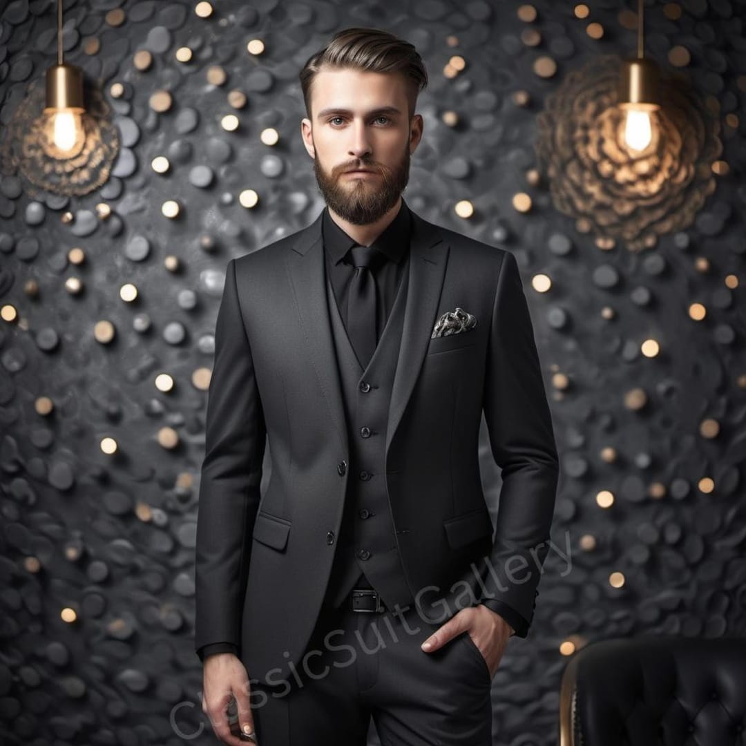 Premium Men's Black Notch Lapel Three-piece Slim Fit Suit for Groom and ...