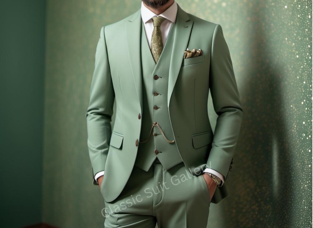 Classic Sage Green Three Piece Slim Fit Suit for Men, Groom and Groomsmen Suit for Wedding ...