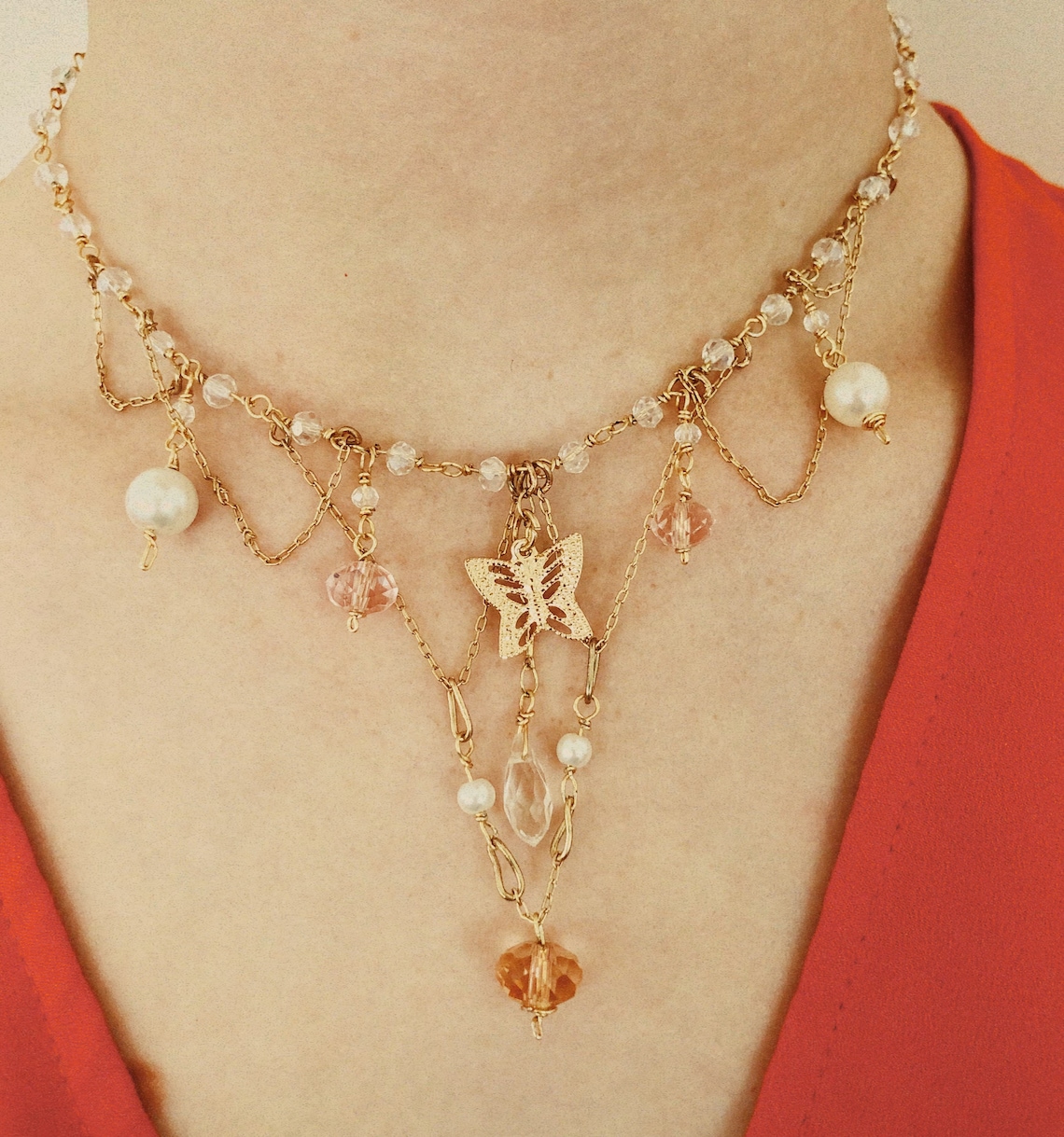 Fairy Aesthetic Victorian Beaded Necklace With Gold Color Butterfly ...