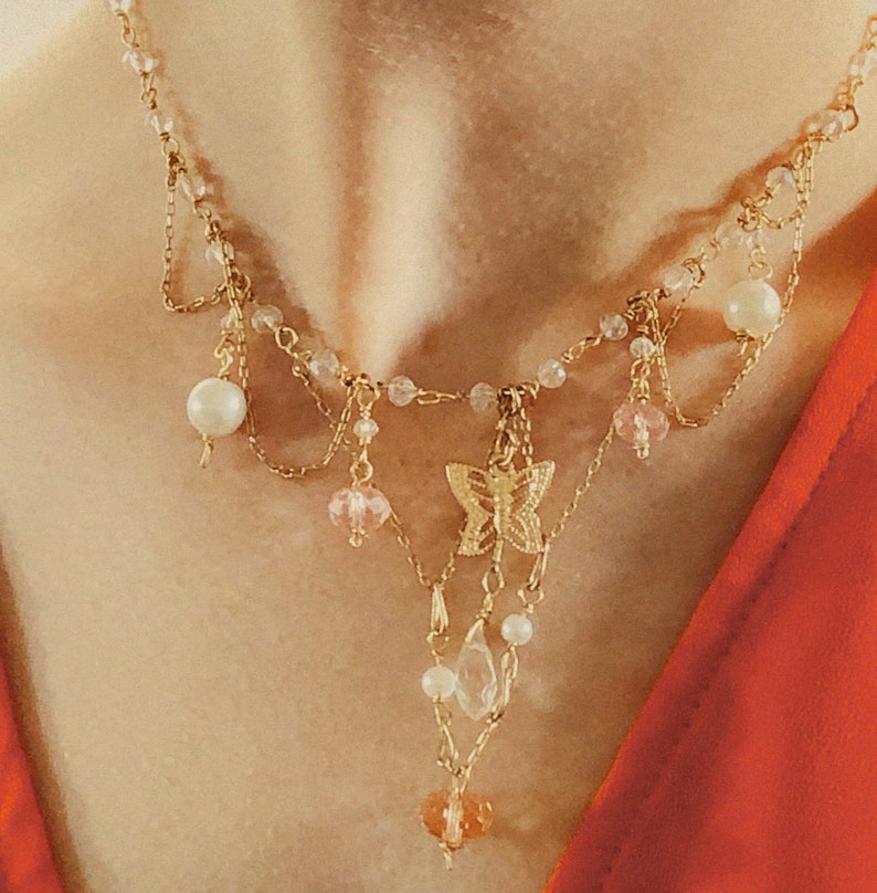 Fairy Aesthetic Victorian Beaded Necklace With Gold Color Butterfly ...