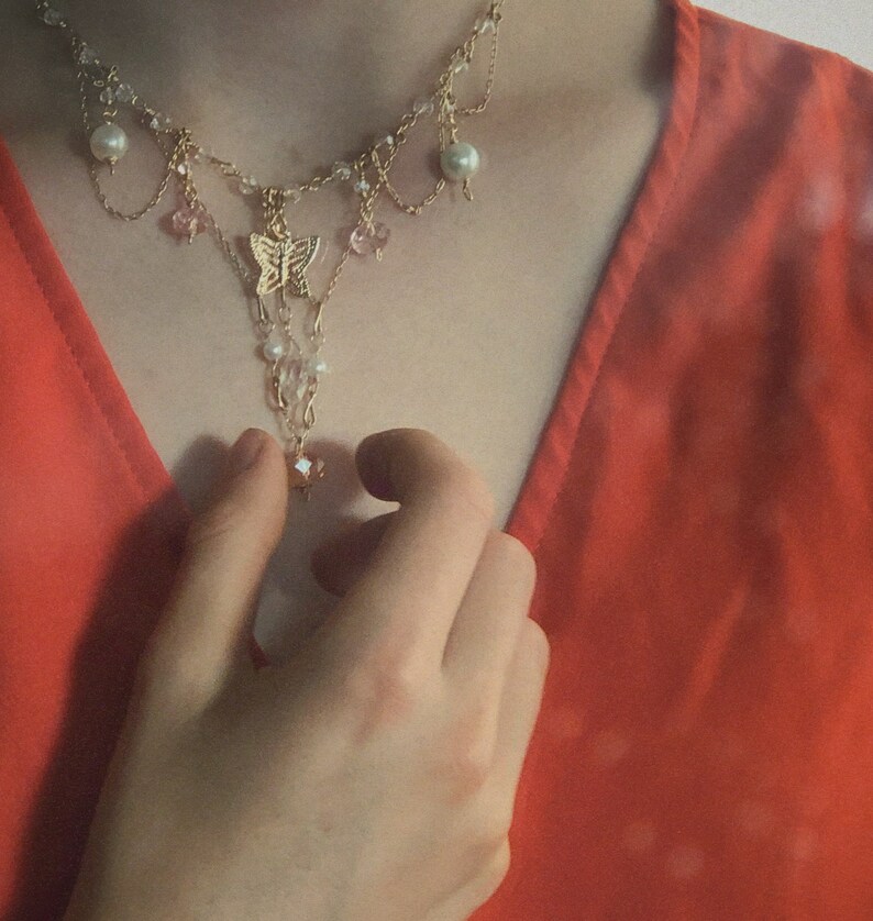 Fairy Aesthetic Victorian Beaded Necklace With Gold Color Butterfly ...
