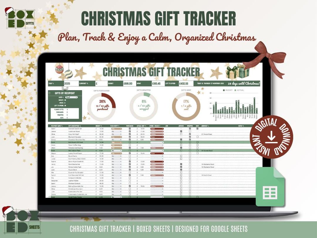 Christmas Gift Tracker Google Sheet Holiday Planner Xmas Budget Tracker ...