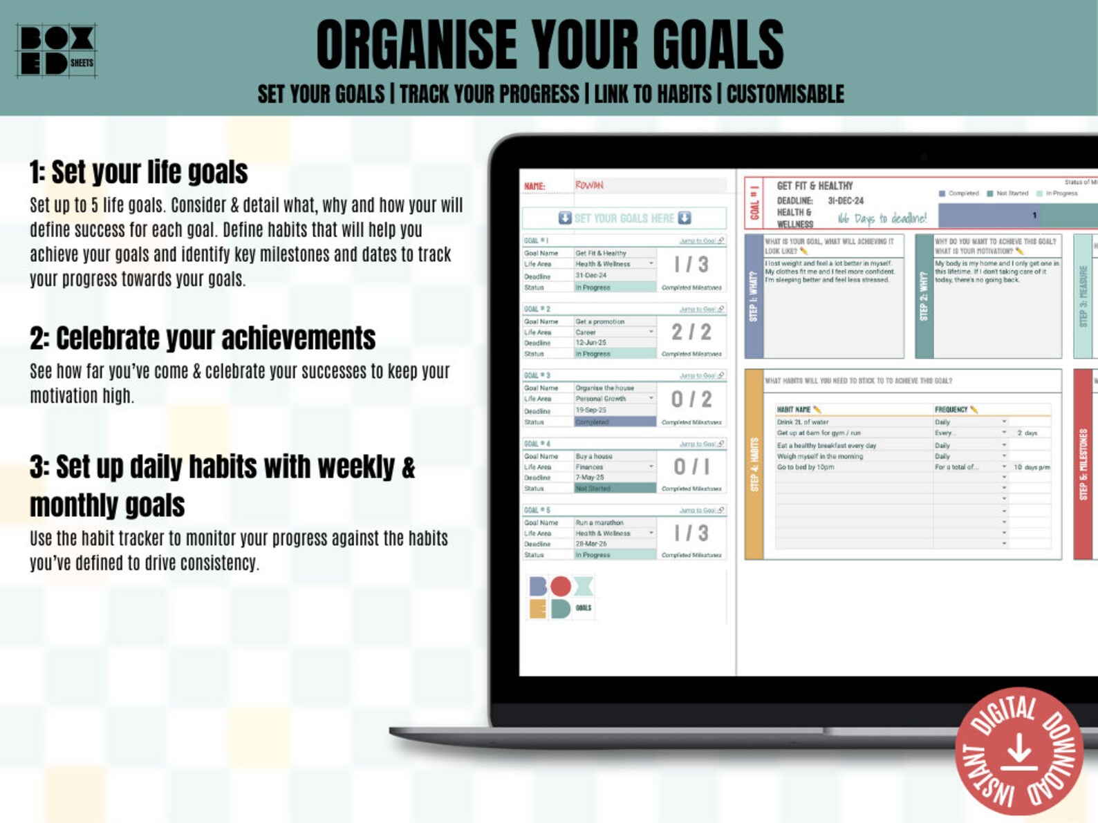 Custom Digital Life Goal & Habit Tracker, Productivity Planner, Instant ...