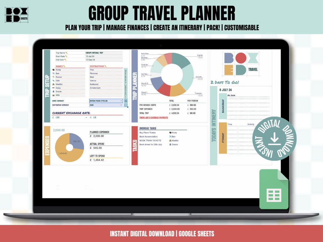 Group Travel Itinerary Spreadsheet, Vacation Budget Tracker, Digital ...