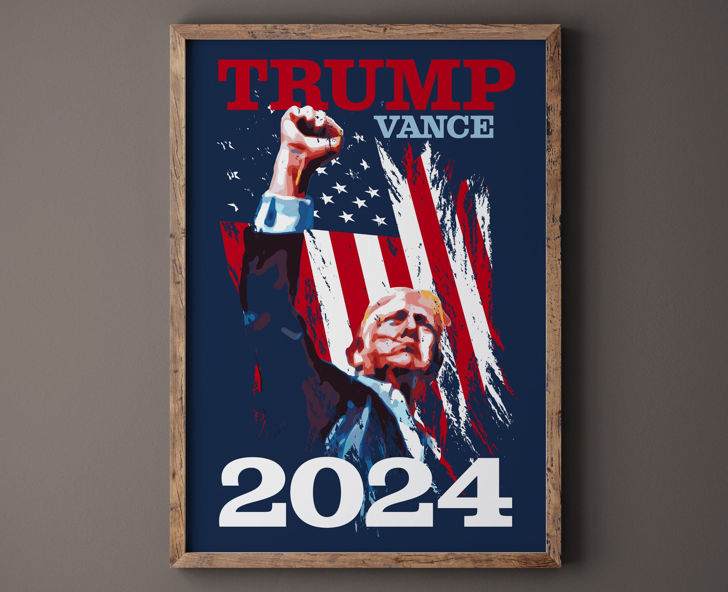 TRUMP VANCE 2024 Poster • Fist Pump Shot in the Ear • USA American Flag ...