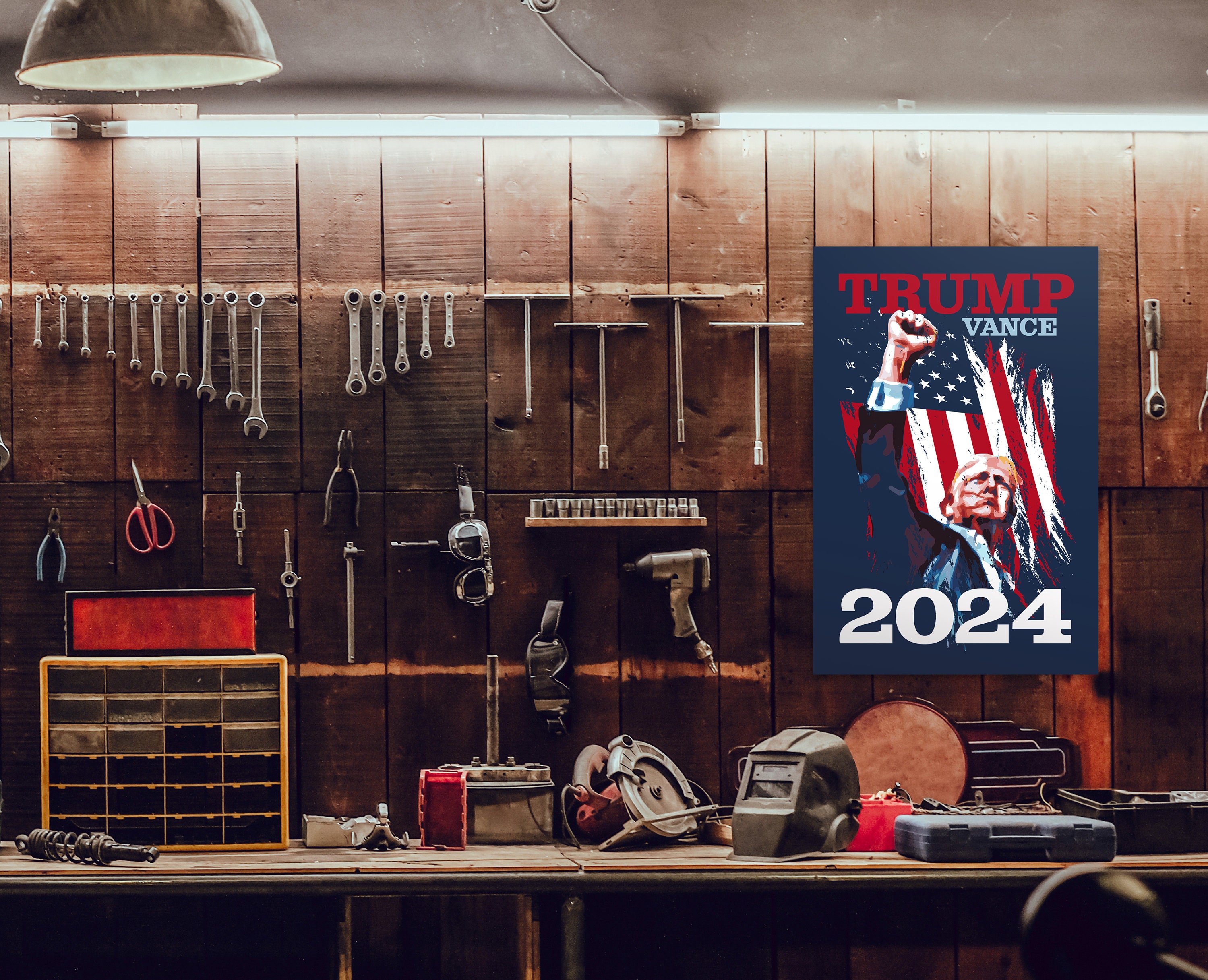 TRUMP VANCE 2024 Poster • Fist Pump Shot in the Ear • USA American Flag ...