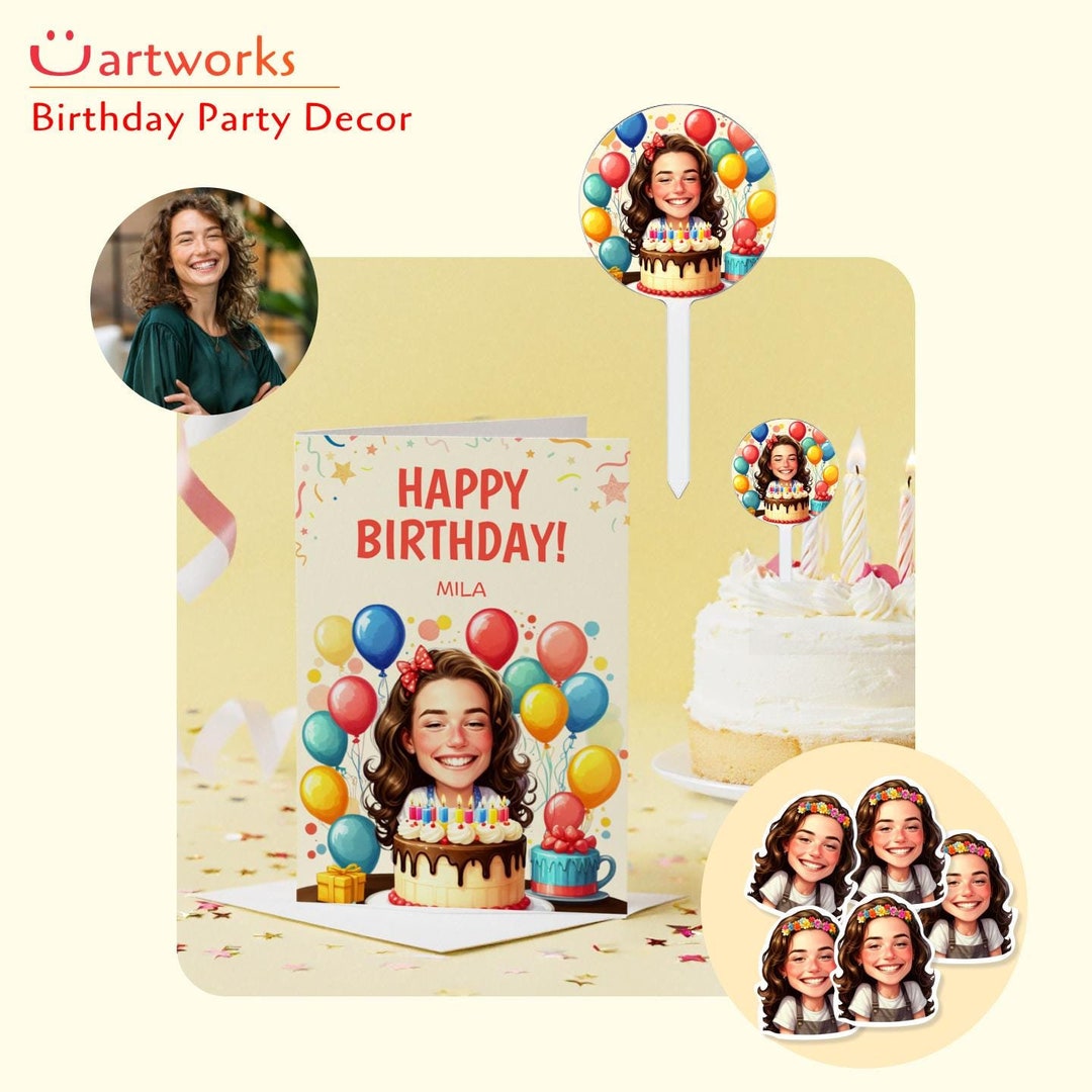 Custom Portrait Birthday Card With Cake Topper & Face Stickers, Cute ...