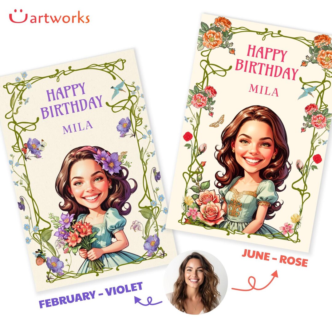 Custom Birth Flower Birthday Card | Elegant Anime Portrait From Photo ...