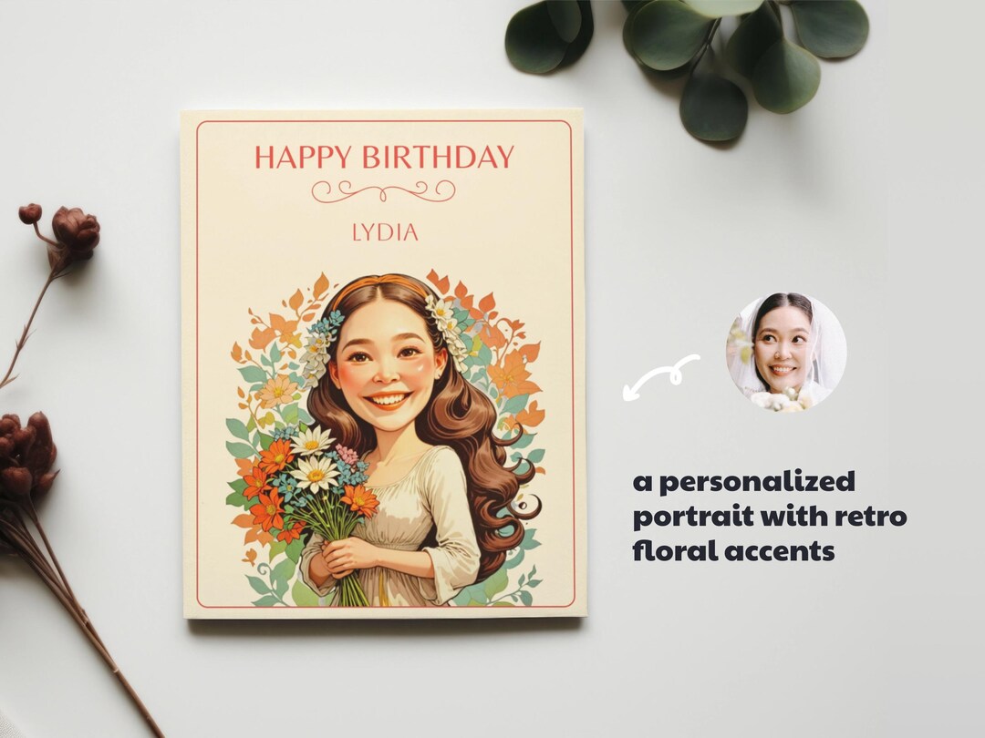 Custom Portrait Birthday Card | Art Nouveau Style, Retro Floral ...