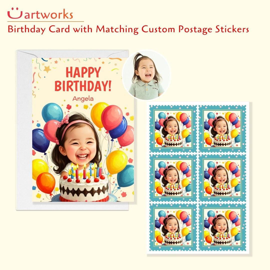 Custom Portrait Birthday Card With Stamp-style Stickers, Cute Anime ...