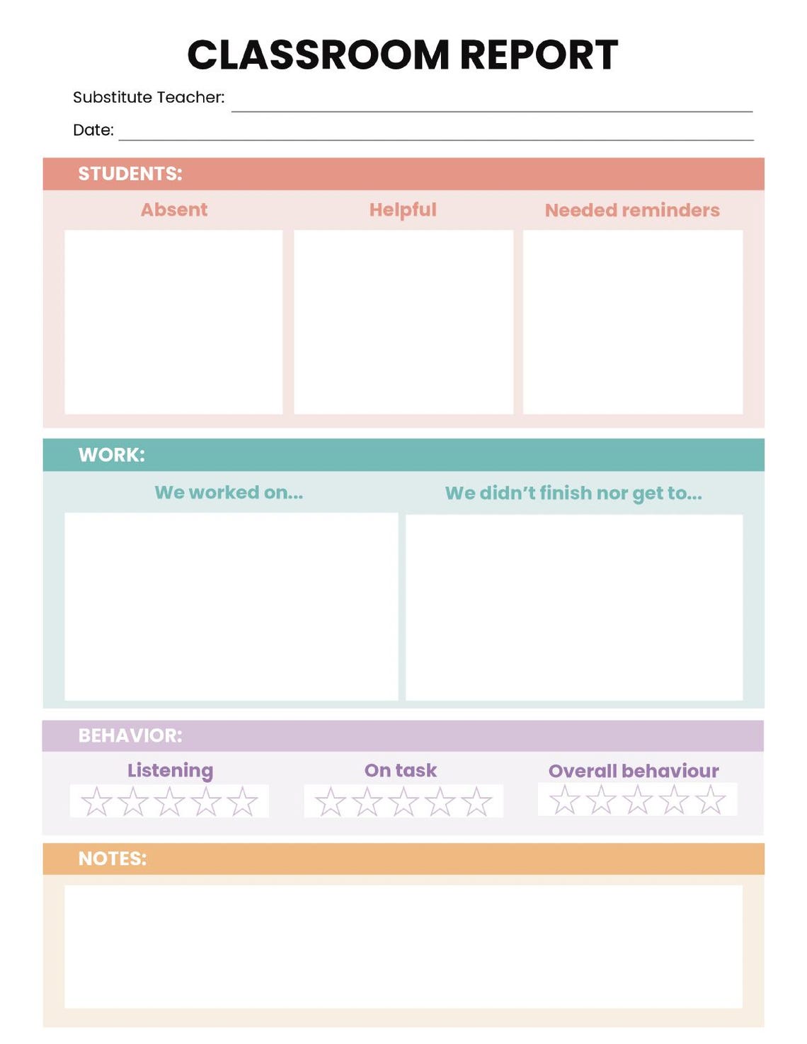 Substitute Teacher Notes Template: Printable Classroom Report (PDF) - Etsy