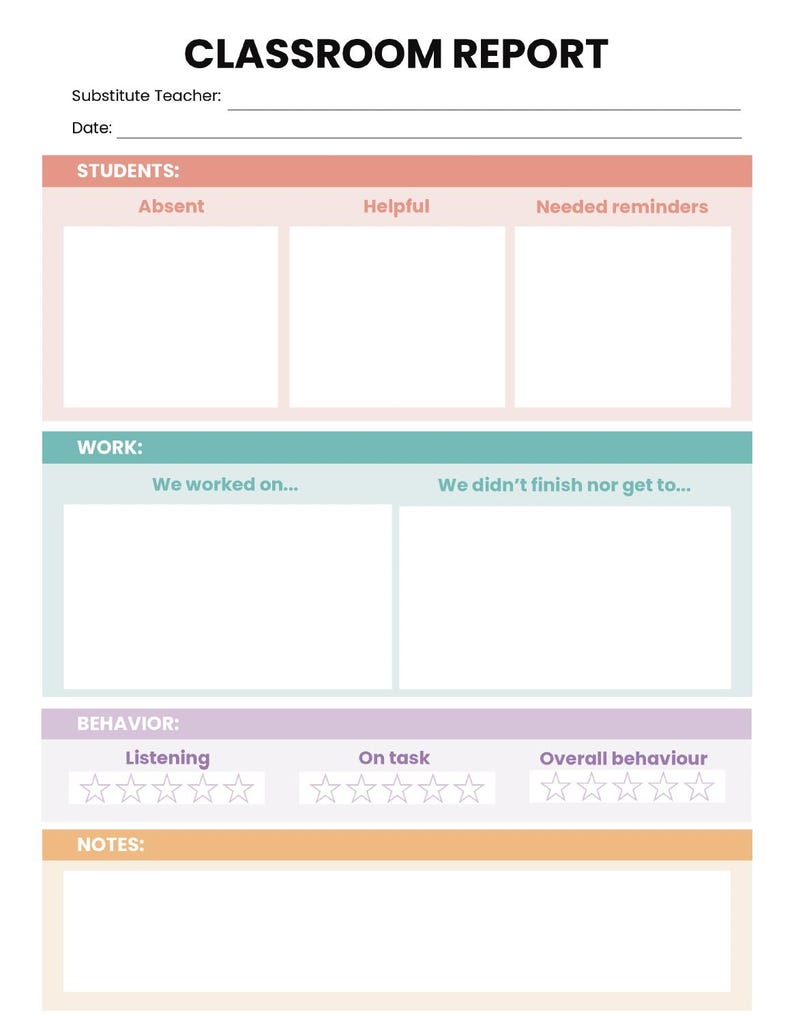 Substitute Teacher Notes Template: Printable Classroom Report (PDF) - Etsy