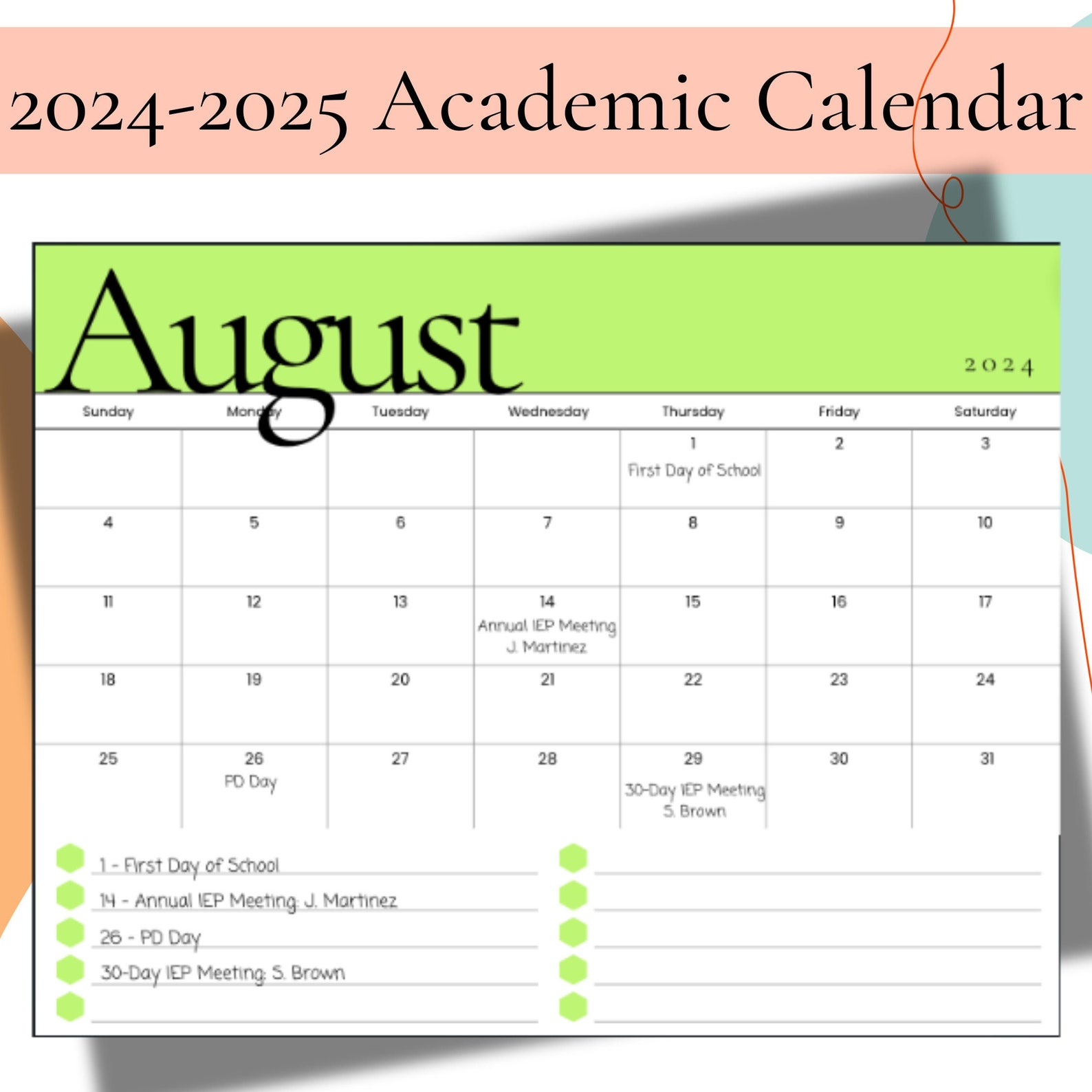 Academic Calendar 2024-2025 | Printable PDF Planner Pages - Etsy