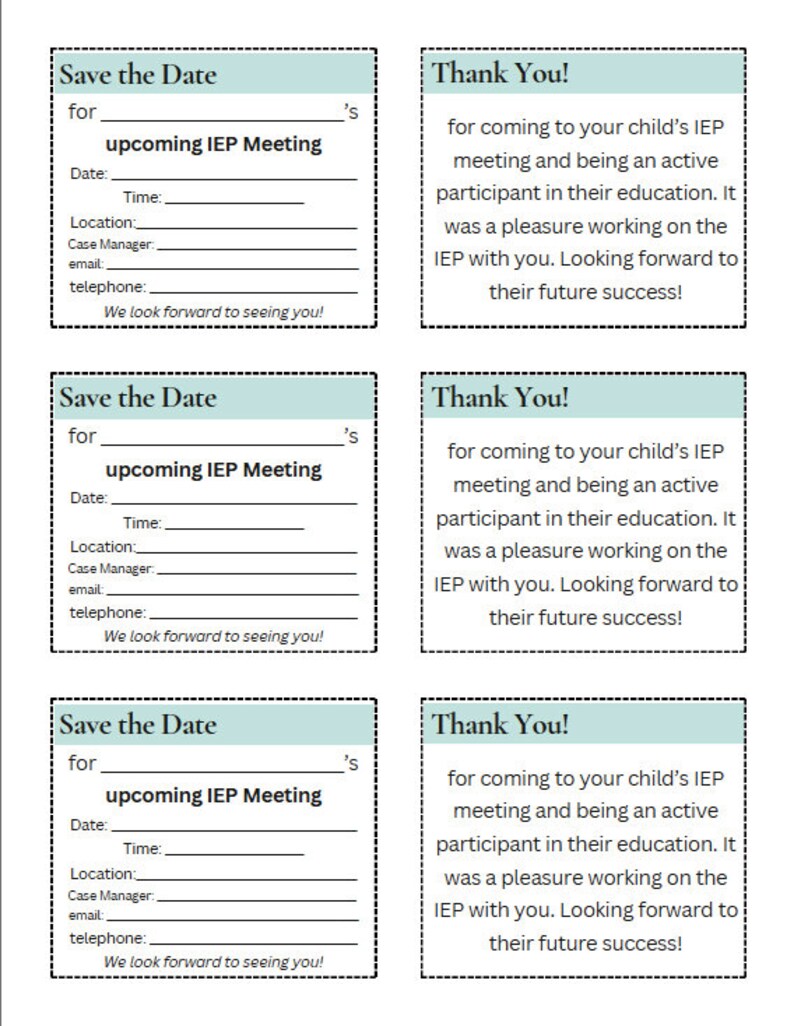 IEP Meeting Reminder Cards: Save the Date & Thank You Notes (printable ...