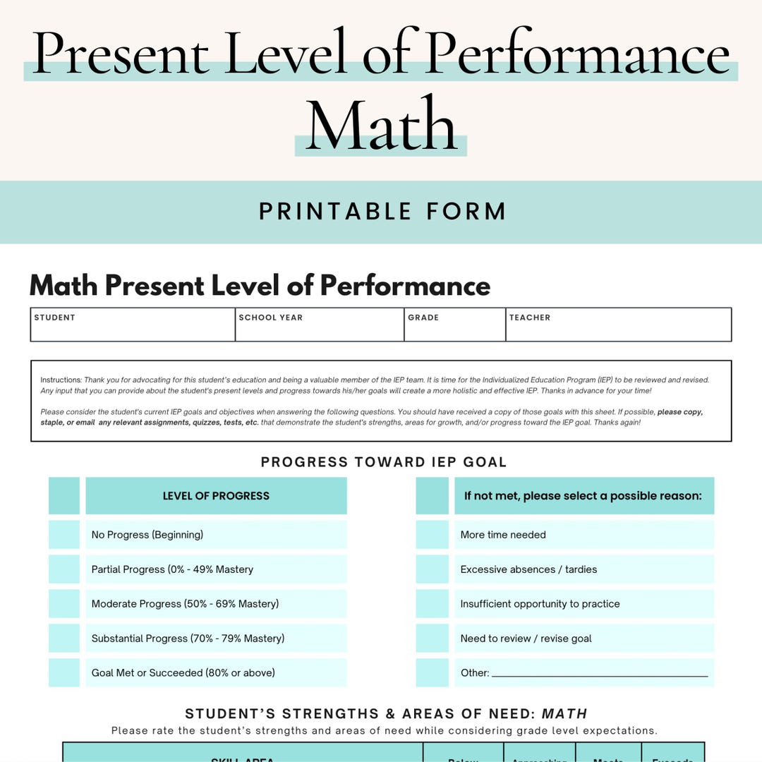 IEP Present Level of Performance Form: Math Version | Printable PDF - Etsy