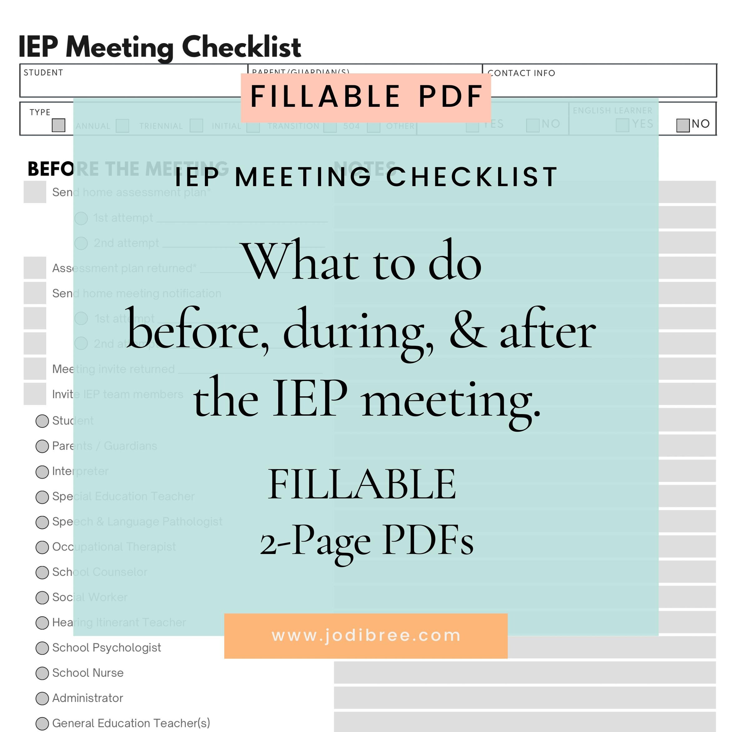 Fillable IEP Meeting Checklist | Fillable IEP Checklist | Fillable ARD ...