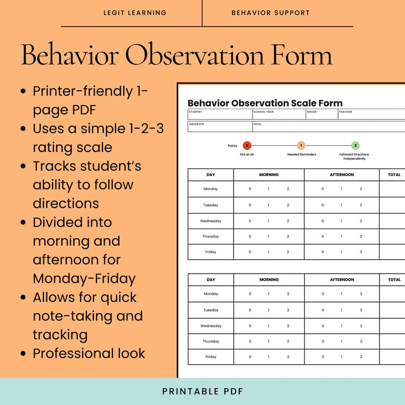 Behavior Observation Scale Form | Weekly Behavior Tracker | Following Directions - Etsy