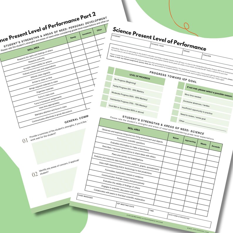 IEP Present Level of Performance Form - Science | IEP PLOP Form ...