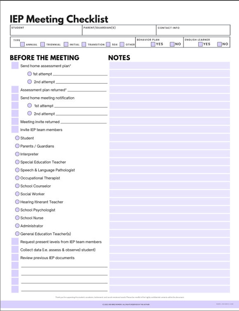 IEP Meeting Checklist: Special Education Teacher To-do List (printable ...
