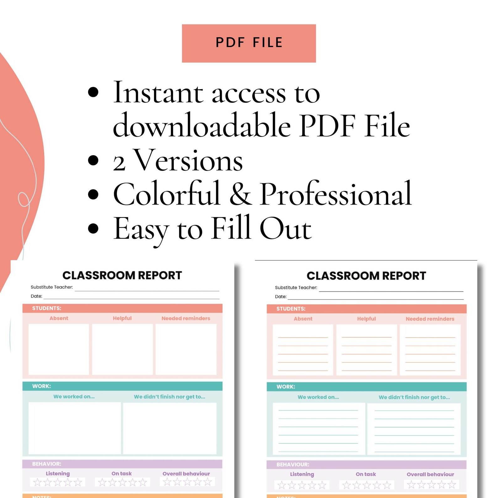 Substitute Teacher Notes Template: Printable Classroom Report (PDF) - Etsy