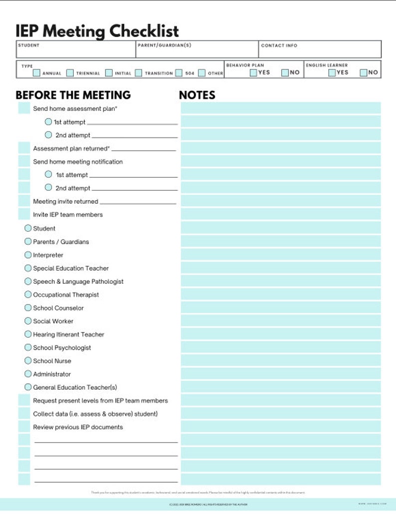 IEP Meeting Checklist | IEP Checklist | Printable PDF - Etsy