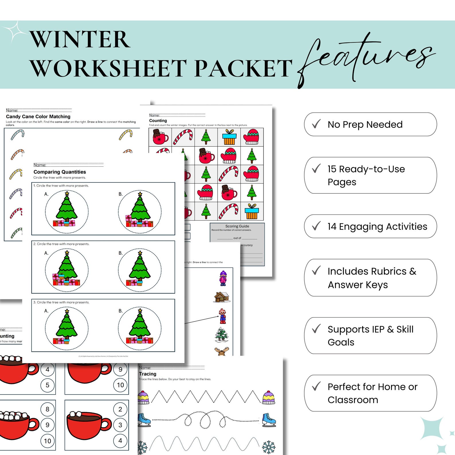 Winter Worksheet Packet (pre-k to Grade 1) | Math, Literacy & Fine ...