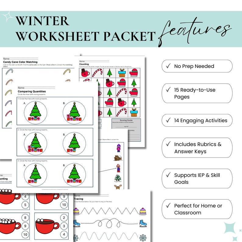 Winter Worksheet Packet (pre-k to Grade 1) | Math, Literacy & Fine ...