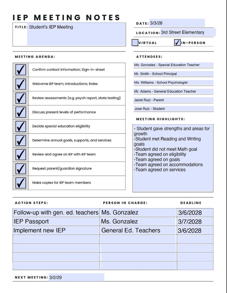 IEP Meeting Notes Template | Fillable PDF for Special Education ...
