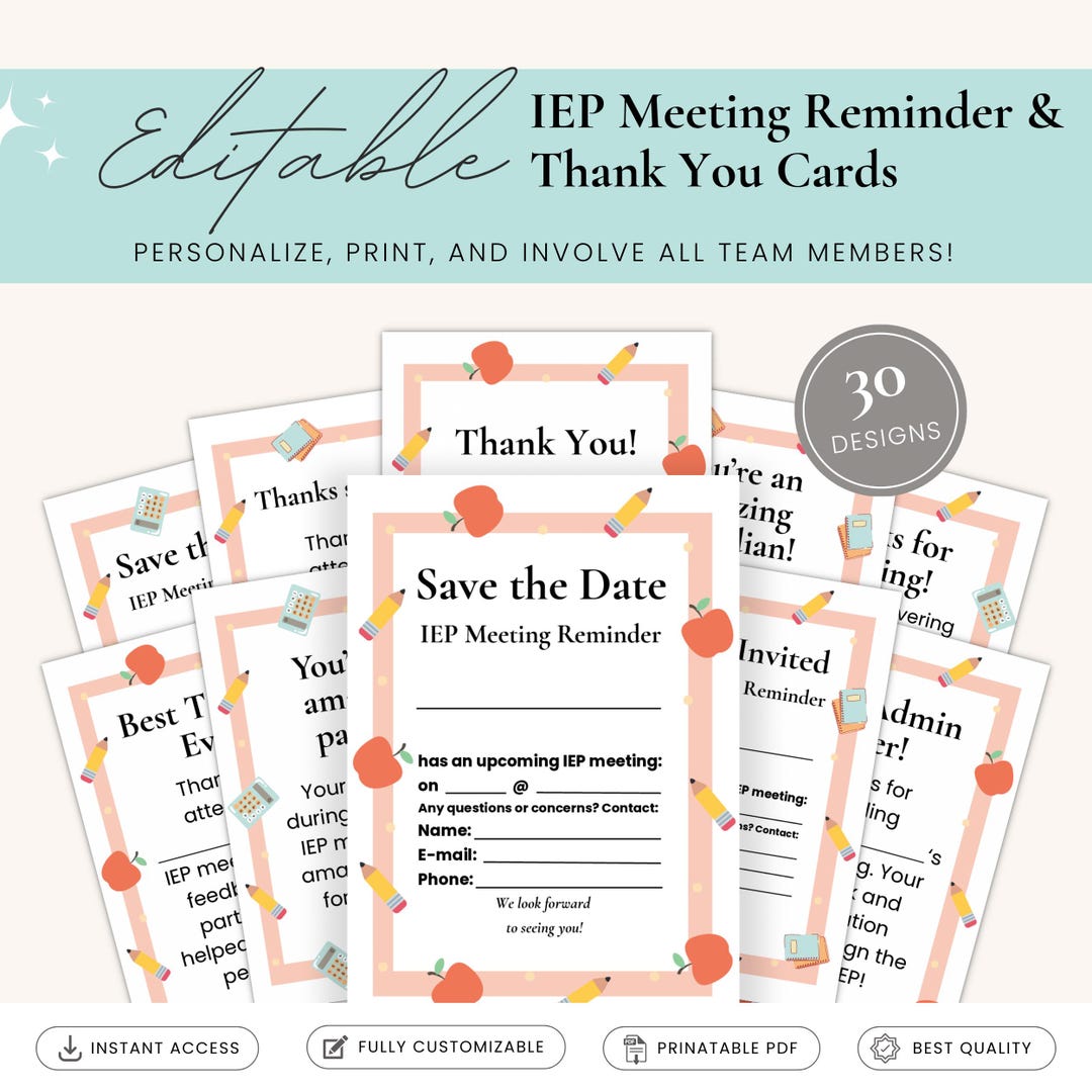 Editable IEP Meeting Reminder and Thank You Cards | Editable Canva ...