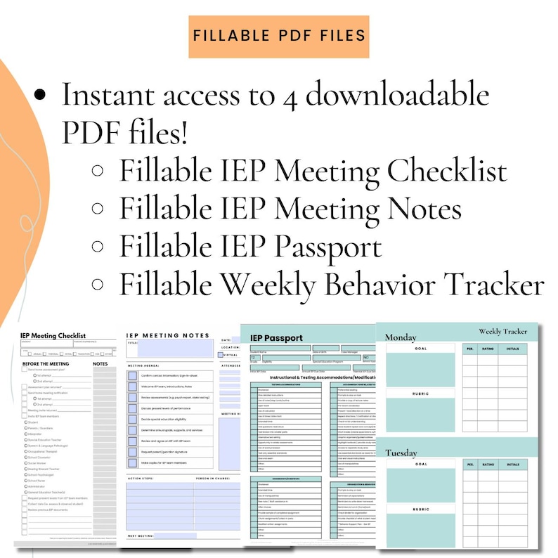 IEP Resources Bundle: Fillable IEP Passport, Meeting Checklist, Weekly ...