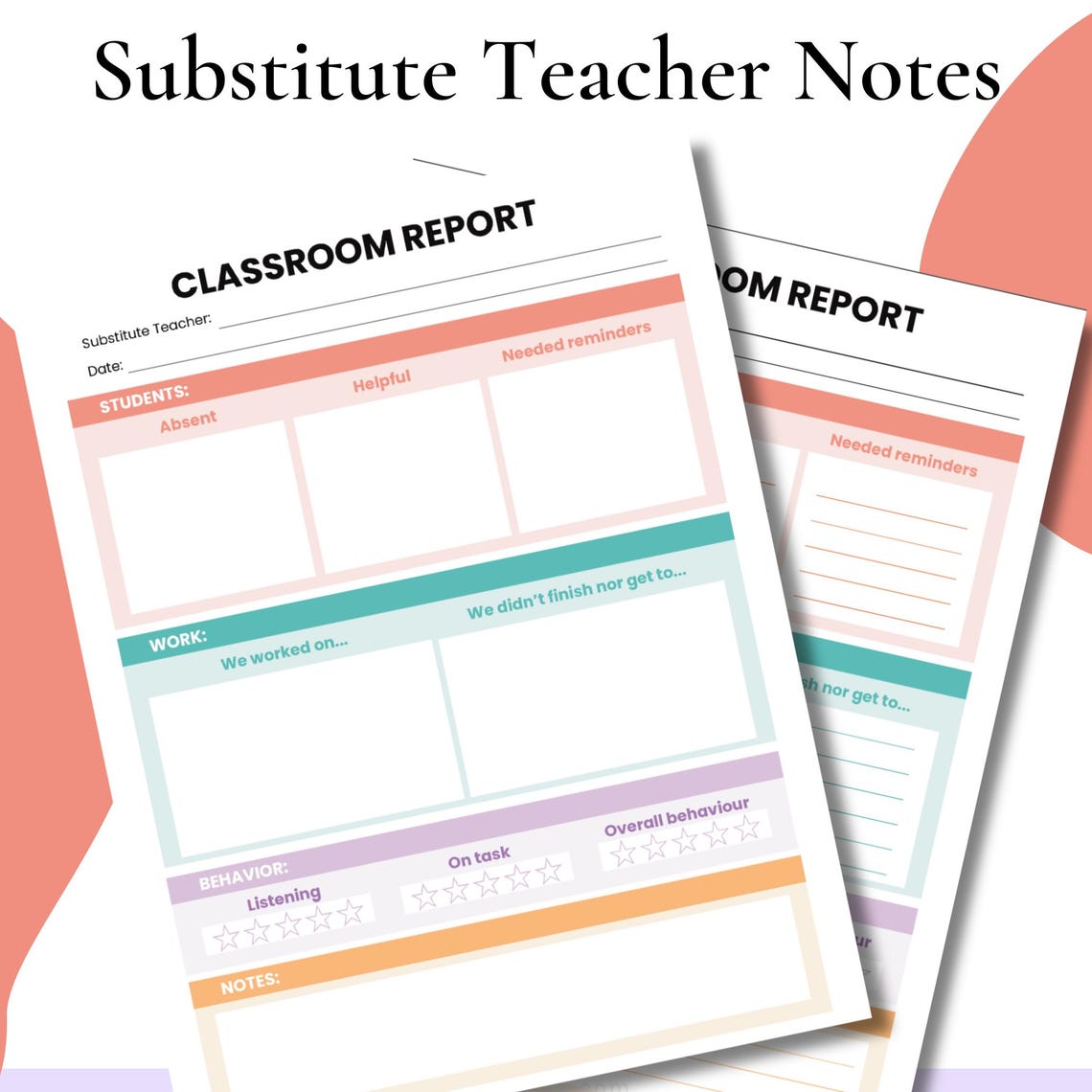 Substitute Teacher Notes Template: Printable Classroom Report (PDF) - Etsy