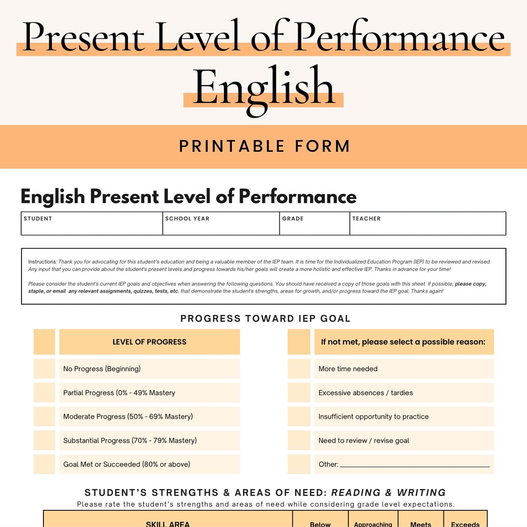 IEP Present Level of Performance Form - English | IEP PLOP Form ...