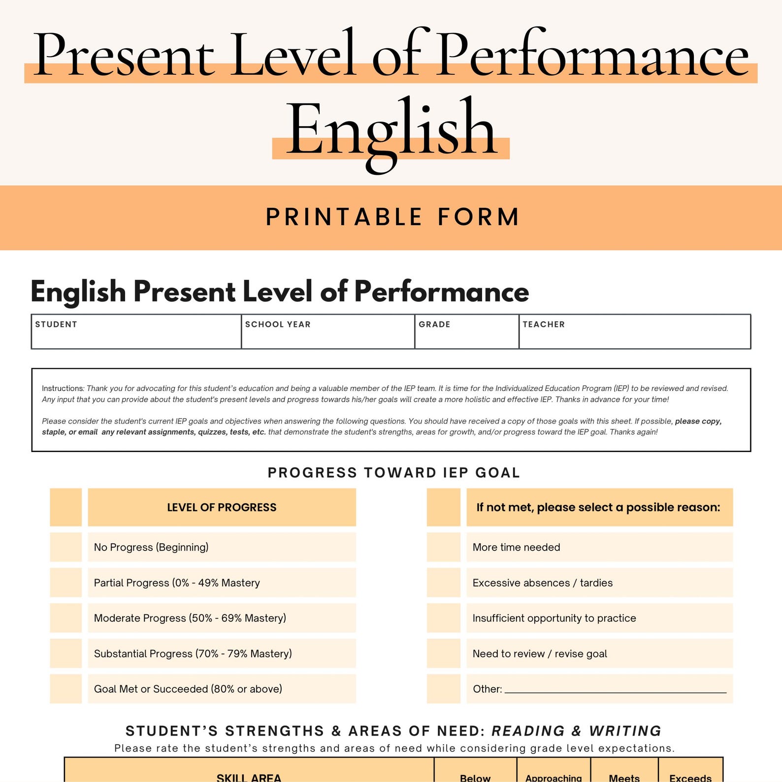 IEP Present Level of Performance Form - English | IEP PLOP Form ...