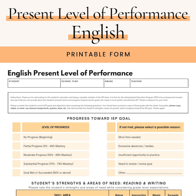 IEP Present Level of Performance Form - English | IEP PLOP Form ...