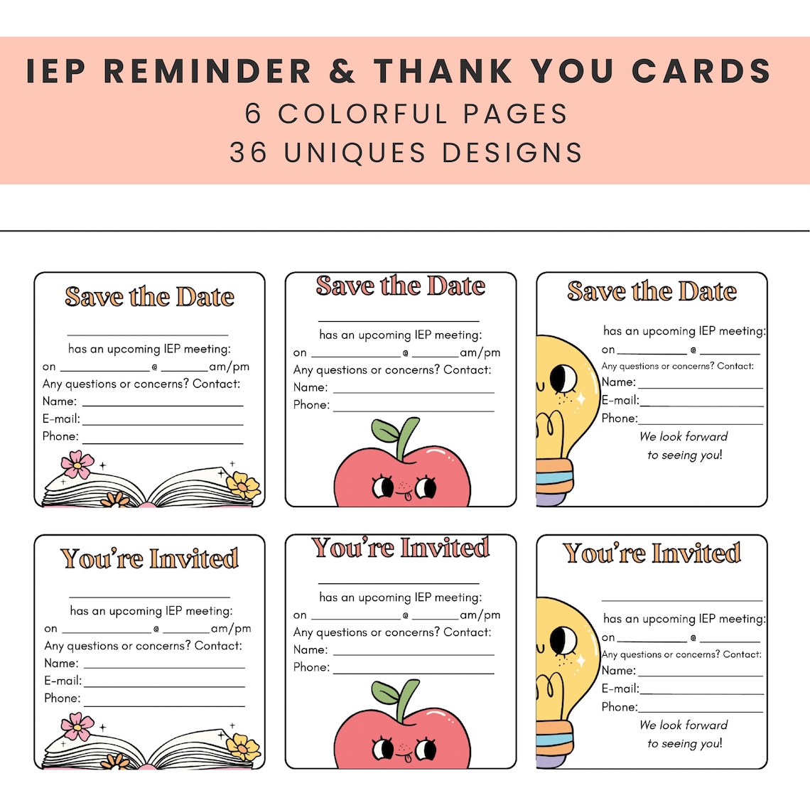 IEP Meeting Reminder & Thank You Cards: 36 Unique Designs (printable ...