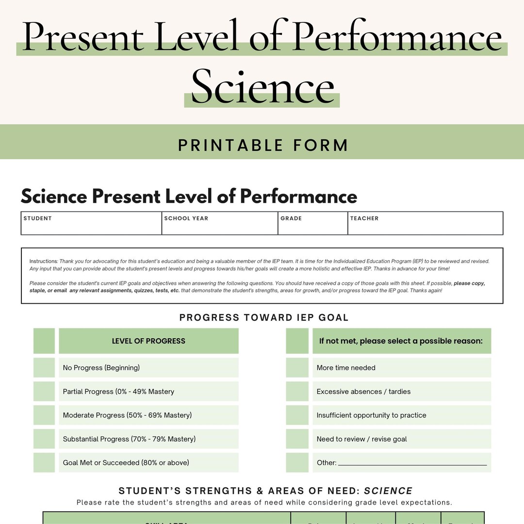 IEP Present Level of Performance Form - Science | IEP PLOP Form ...