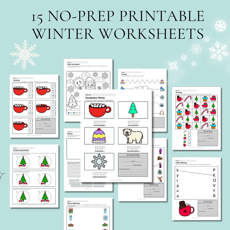 Winter Worksheet Packet (pre-k to Grade 1) | Math, Literacy & Fine ...