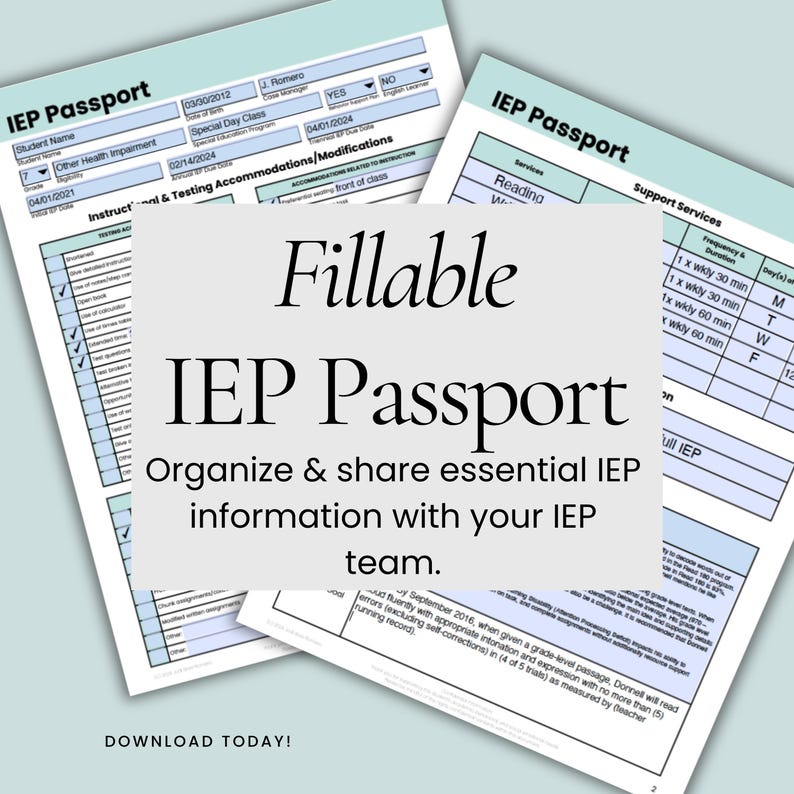 Fillable IEP Passport: Special Education IEP at a Glance (PDF) - Etsy