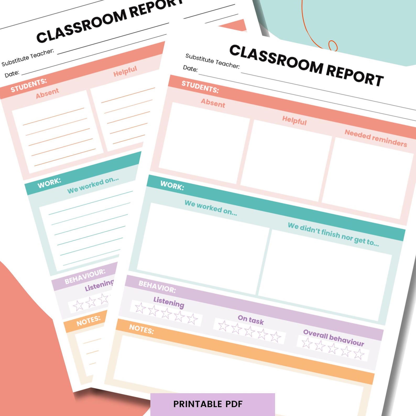 Substitute Teacher Notes Template: Printable Classroom Report (PDF) - Etsy