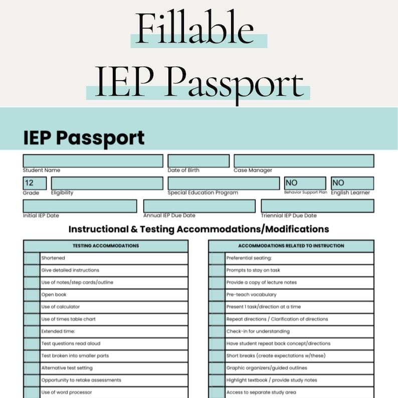 Fillable IEP Passport: Special Education IEP at a Glance (PDF) - Etsy