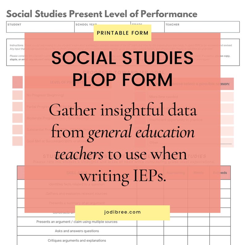 IEP Present Level of Performance Form - Social Studies | IEP PLOP Form ...
