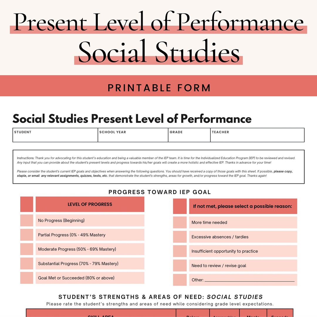 IEP Present Level of Performance Form - Social Studies | IEP PLOP Form ...
