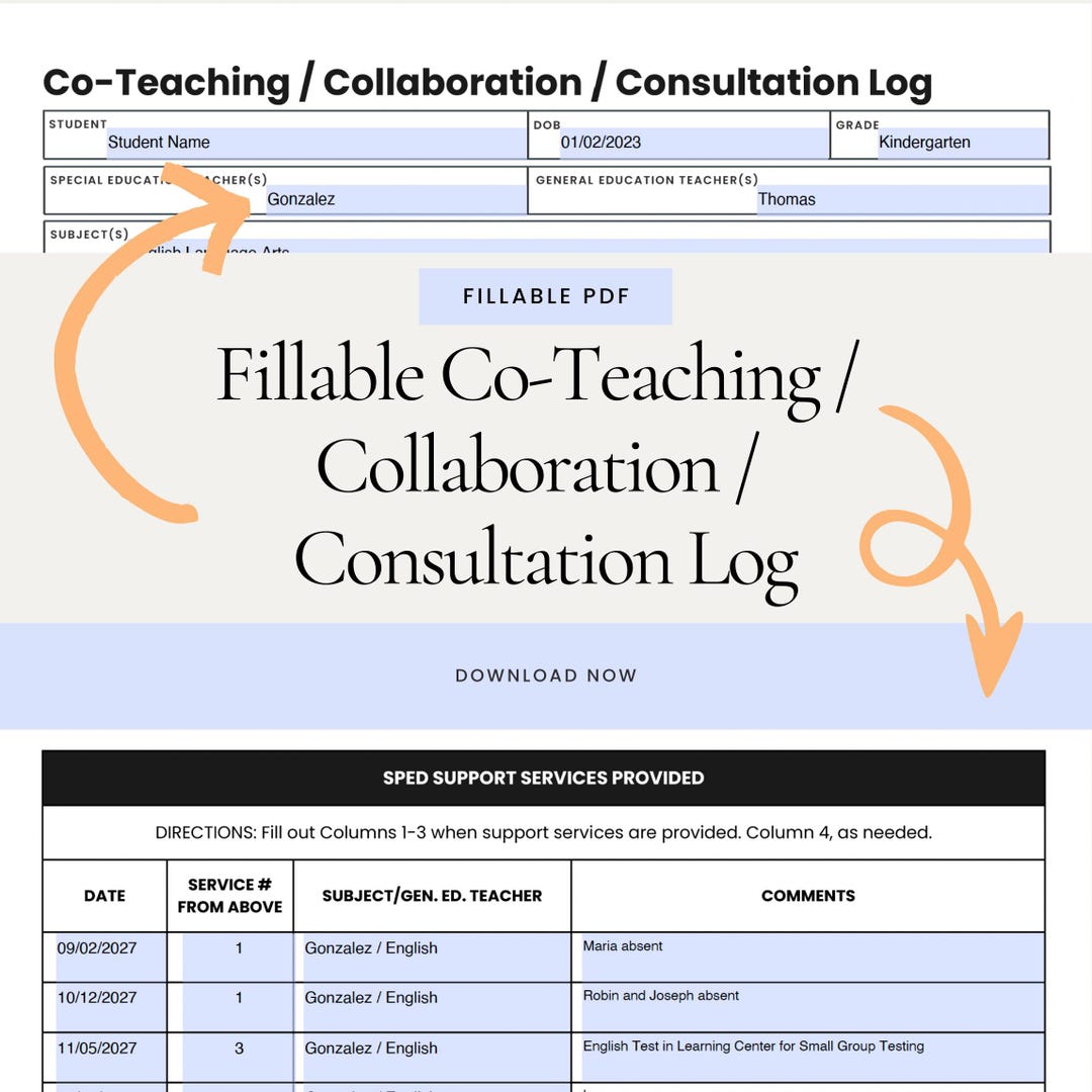Fillable SPED Collaboration Log | Co-teaching & Consultation Service ...