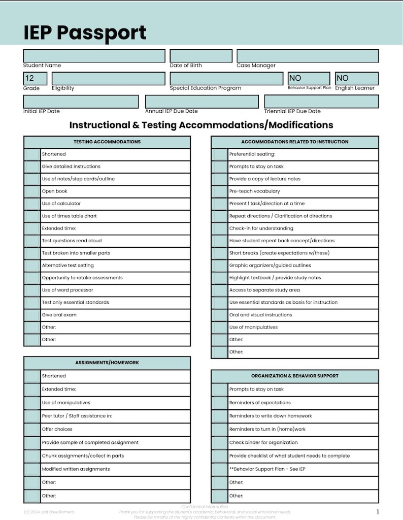 IEP Resources Bundle: Fillable IEP Passport, Meeting Checklist, Weekly ...