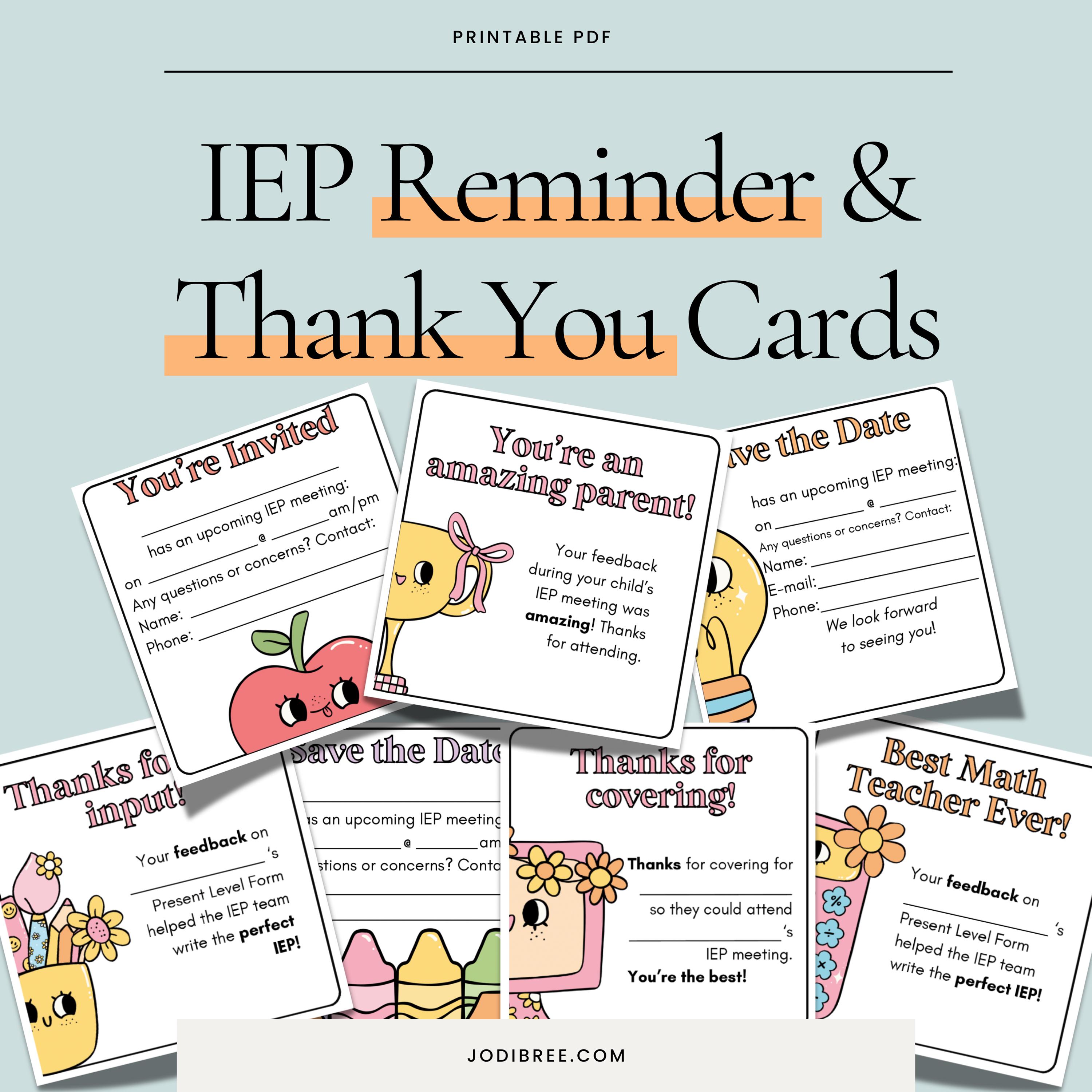 IEP Meeting Reminder & Thank You Cards: 36 Unique Designs (printable ...