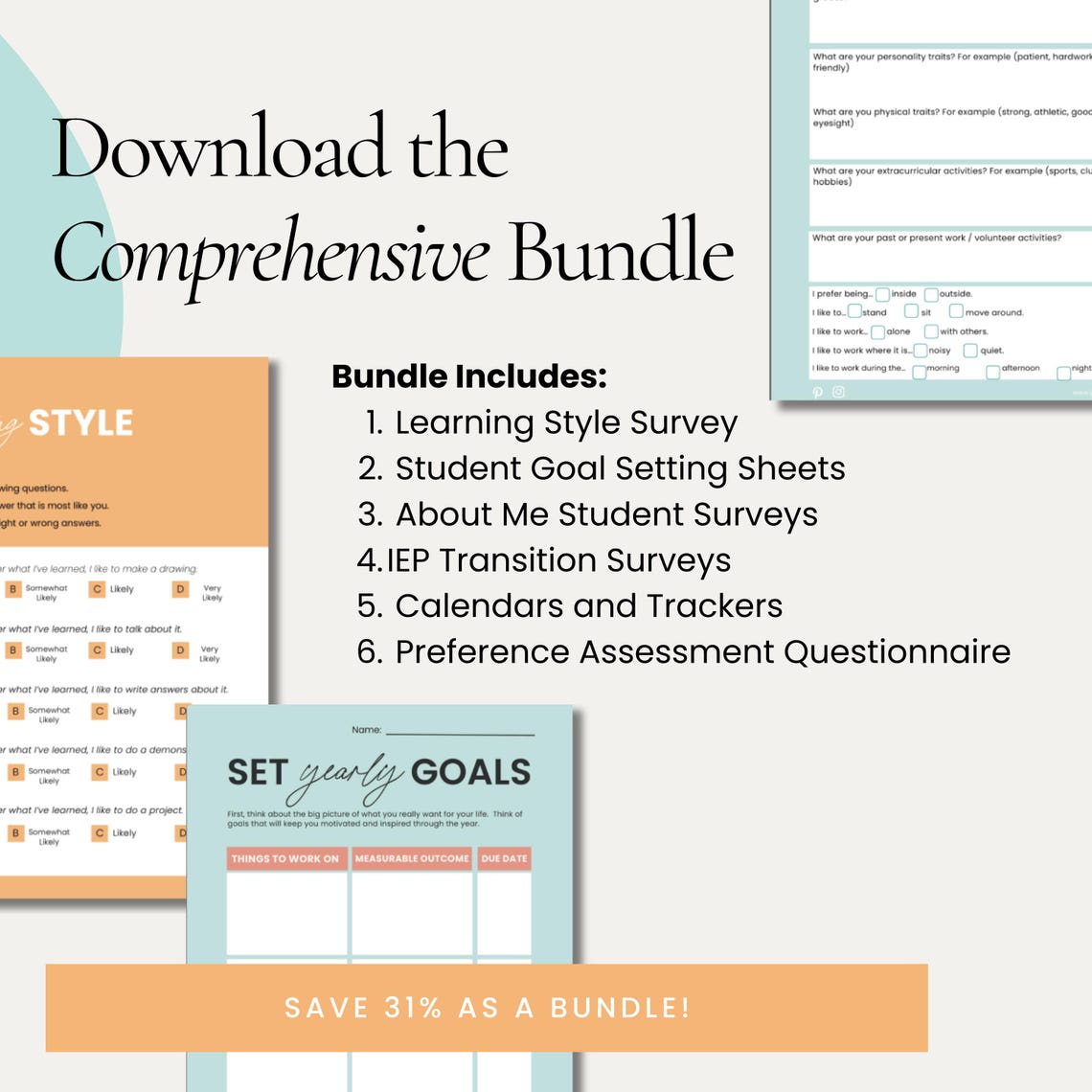 IEP Transition Plan Worksheet Bundle: Student Surveys, Goal Setting ...